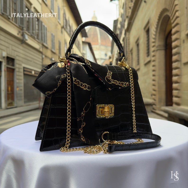 Italian Leather Tote Bag – Elegant Top Handle Purse With Scarf ...