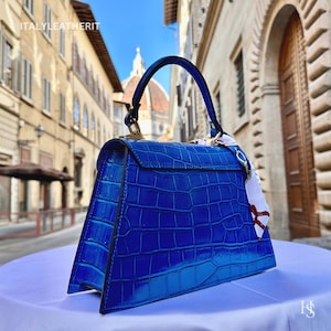 Blue Italian Leather Tote Bag – Elegant Top Handle Purse With Scarf ...