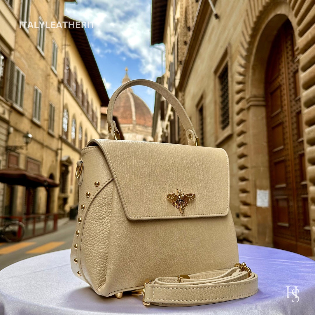 Italian Leather Tote Bag: Handmade Beige Handbag With Bee Clasp - Etsy