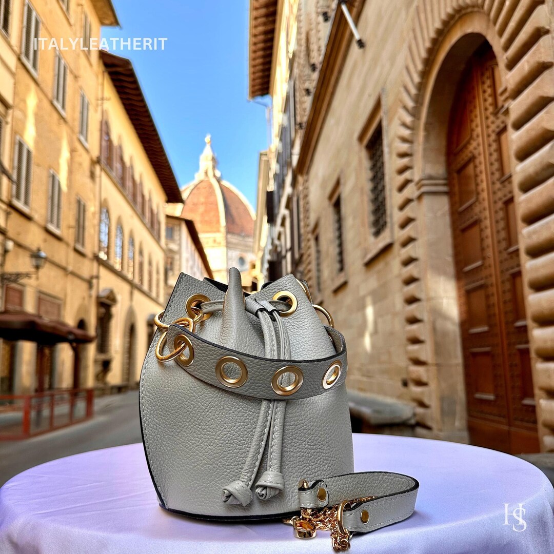 Handmade Italian Leather Bucket Bag: Elegant Gray Tote, Made in Italy ...