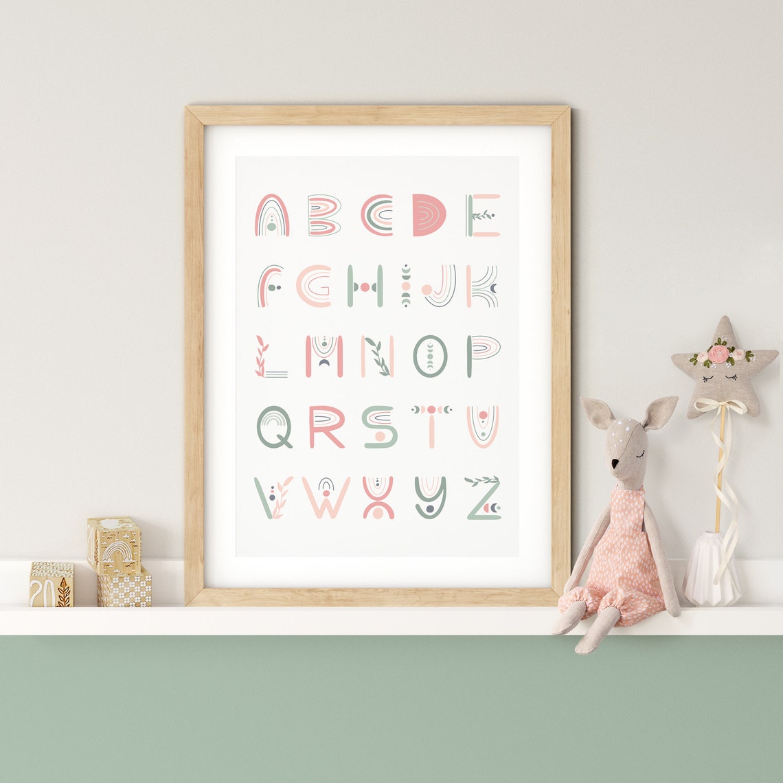 Boho Alphabet Print Pink and Sage Green Nursery Print | Etsy