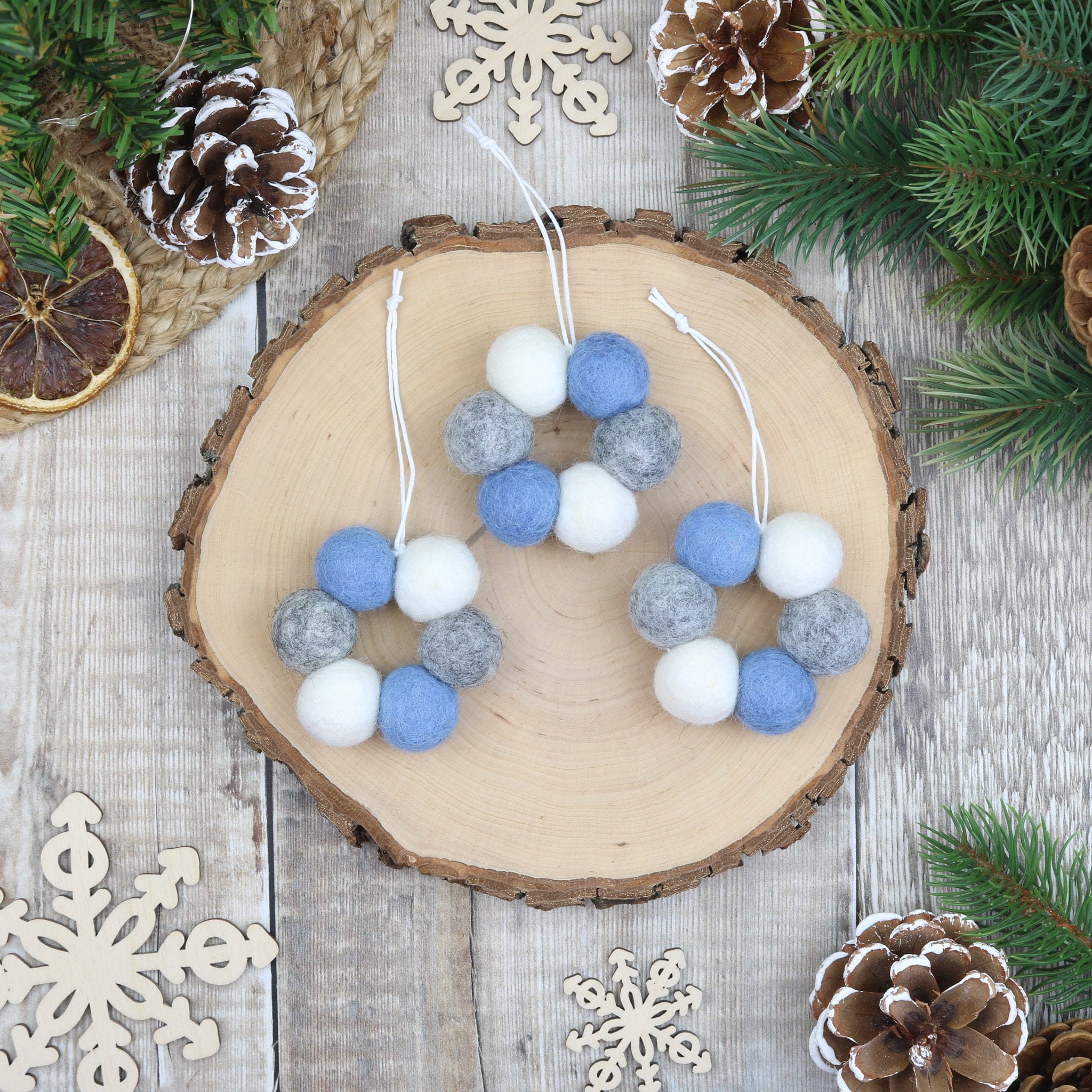 Mini Felt Ball Wreath Decoration Blue and Grey Christmas - Etsy