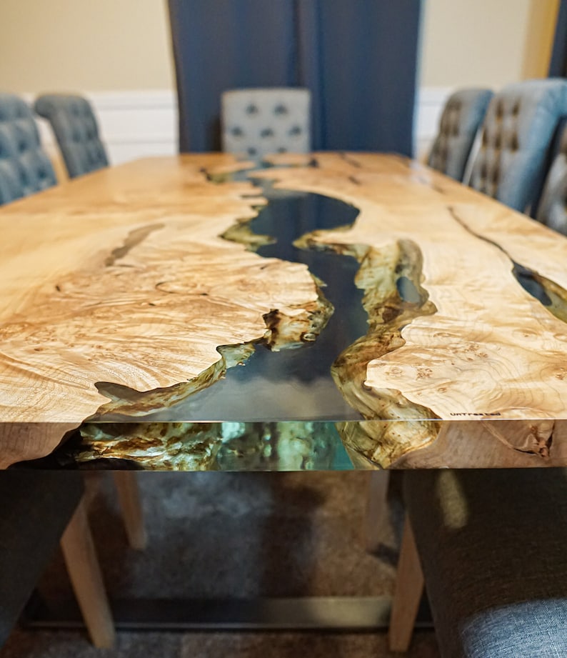 Figured Maple River Table Epoxy Dining Table Transparent Blue - Etsy