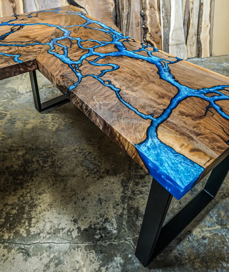 Walnut Fractal River Desk Top Live Edge Desk Epoxy River Fractal ...