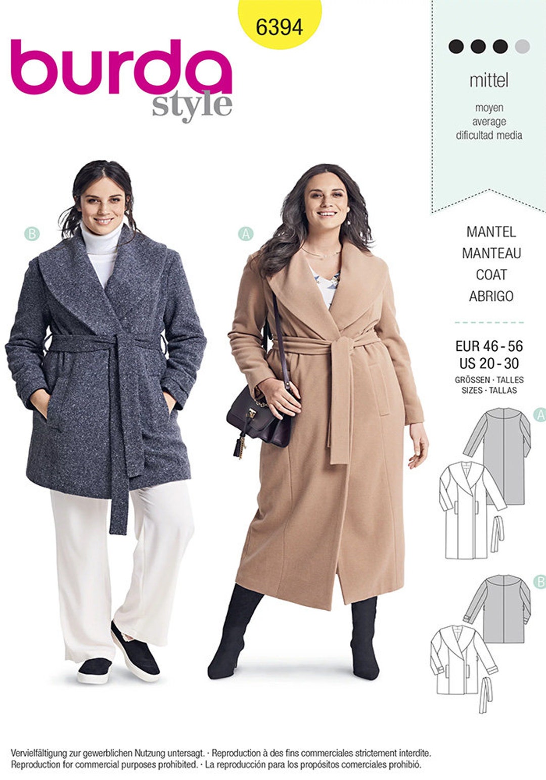 Burda 6394 Sewing Pattern Women's Coats Plus Sizes 20-30 EUR 46-56 ...