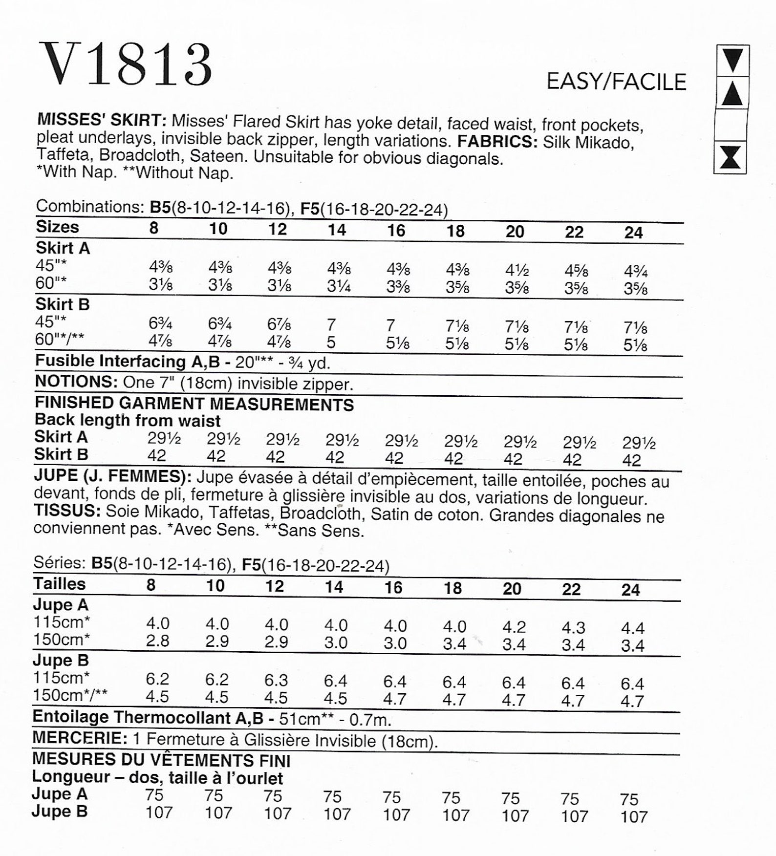 V1813 Vogue 1813 Sewing Pattern Misses' Flared Skirts Front Pocket Yoke ...