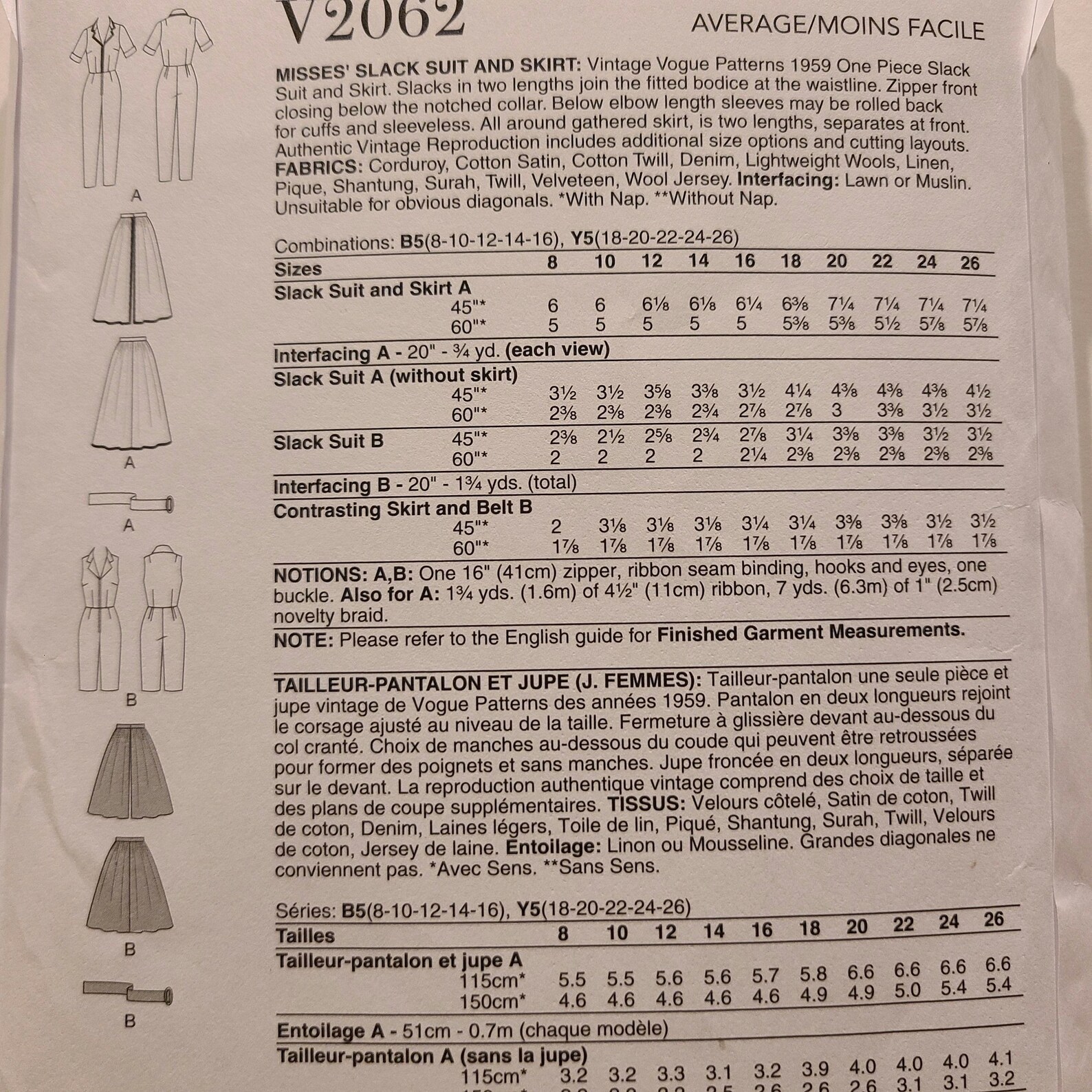 V2062 Vogue 2062 Sewing Pattern Vintage 1950's Design 1959 Slack Suit ...