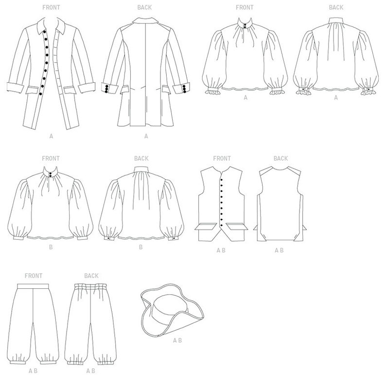 B3072 Sewing Pattern Men's Costume Coat Shirt Vest Hat Early American ...