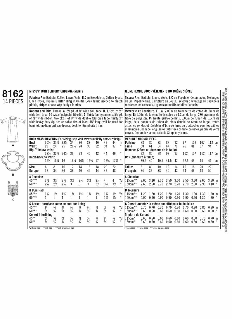 S8161 Sewing Pattern Georgian Misses' Costume Jacket Chemise Claire ...