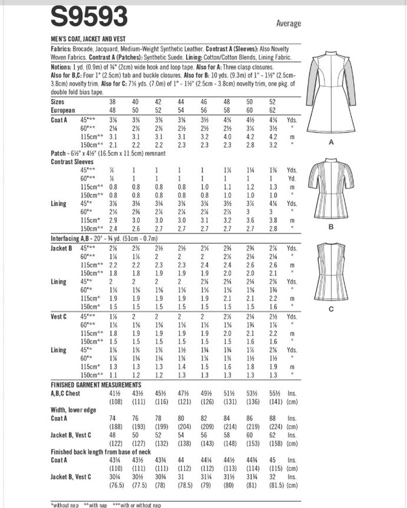 S9593 Sewing Pattern Men's Costume Medieval Knight Squire GOT Coat ...