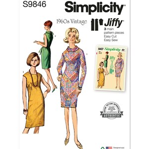 S9846 Sewing Pattern 1960's Vintage Retro Style Misses' Dresses EASY Jiffy Sizes 8-16 or 18-26 ...