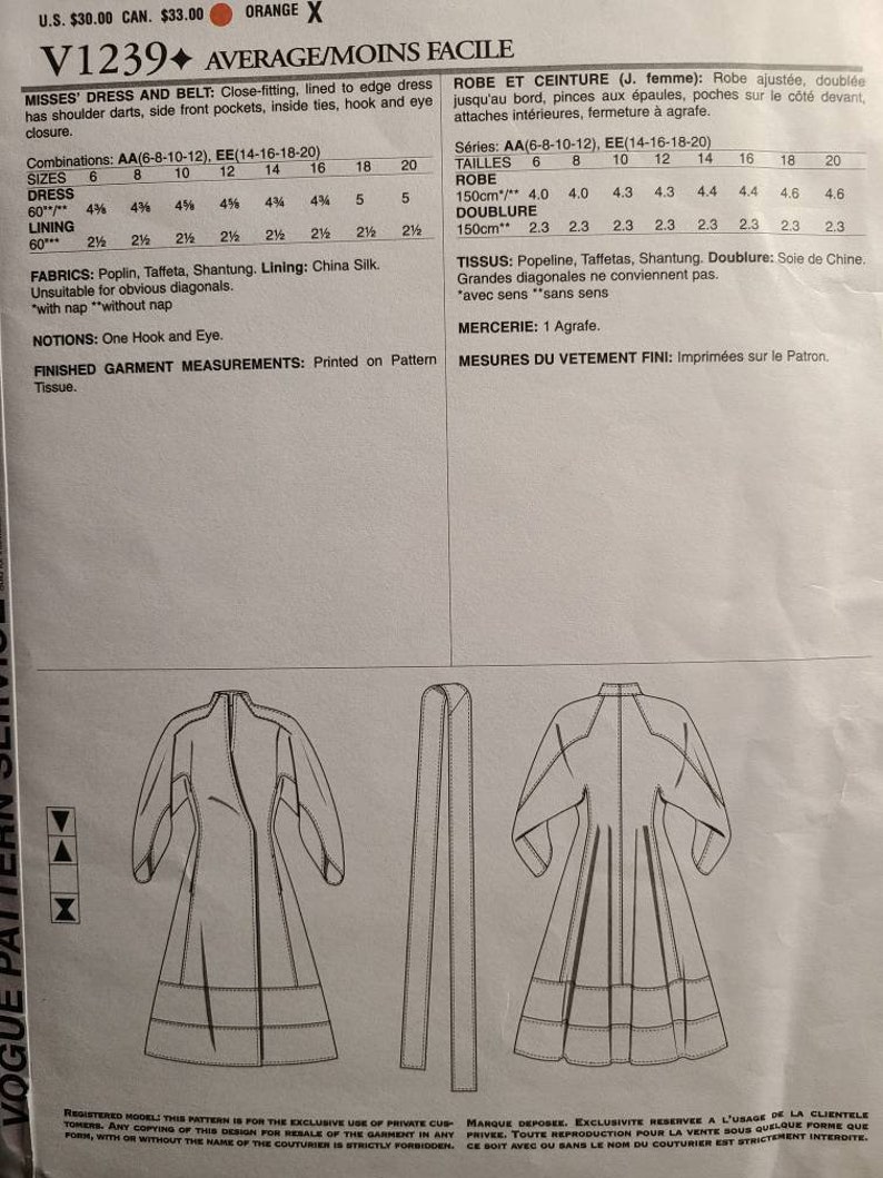 V1239 Vogue 1239 Sewing Pattern Designer's Ralph Rucci CHADO Special ...