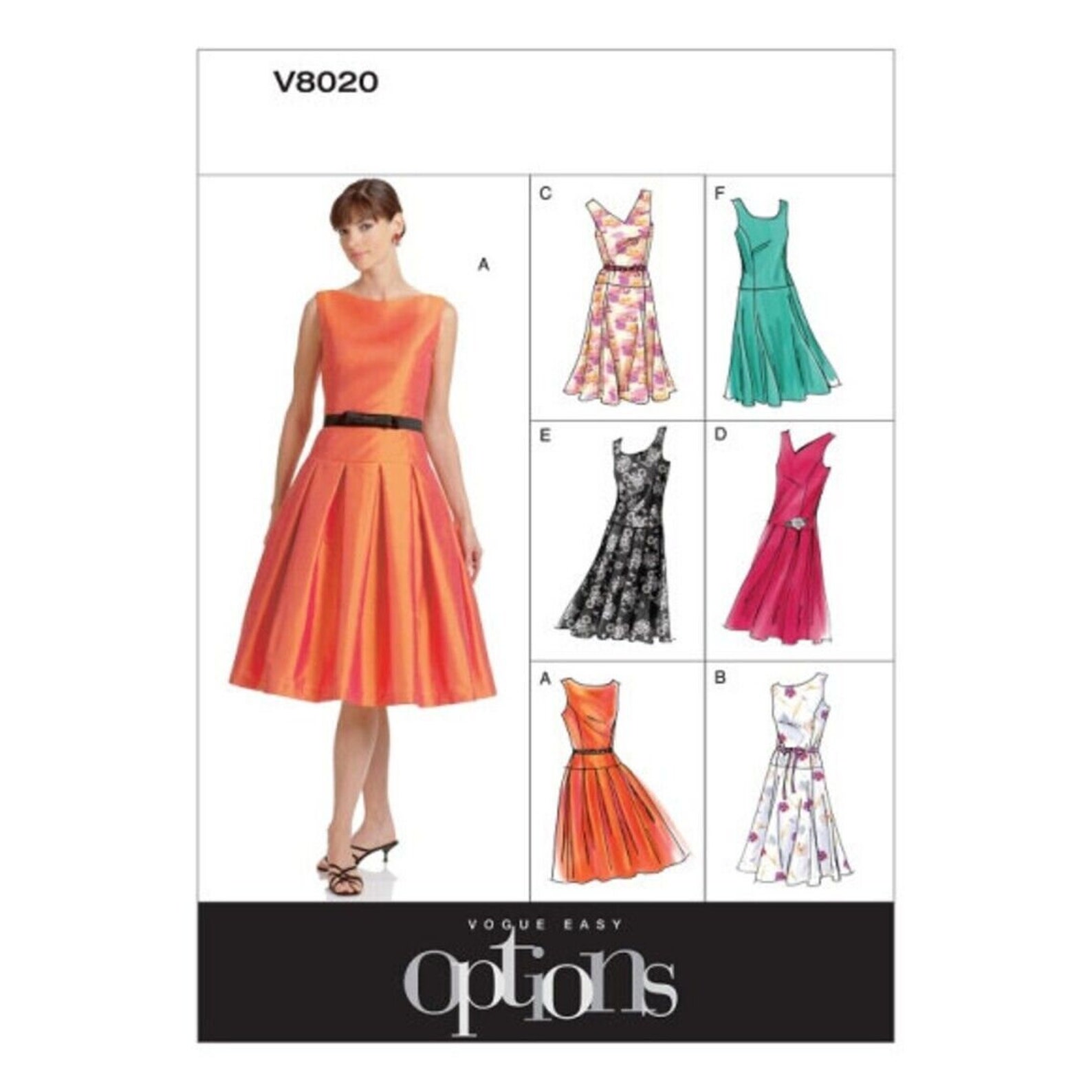 V8020 Vogue 8020 Sewing Pattern Misses' Flared Unlined Dresses & Belt ...