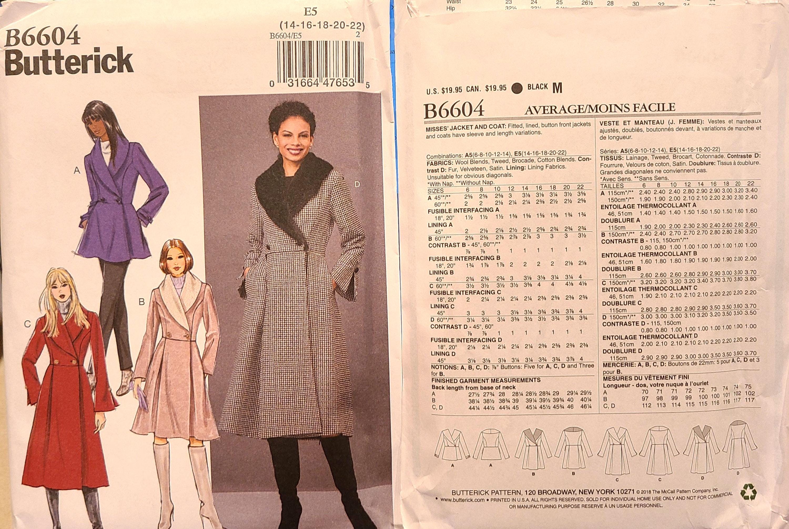 NEW Sewing Pattern Misses' Coats Butterick B6919 B6868 B6604 B6385 ...