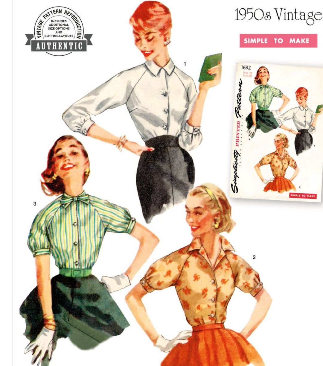S9818 Sewing Pattern Vintage 1950s Misses' Blouses Simplicity 9818 ...