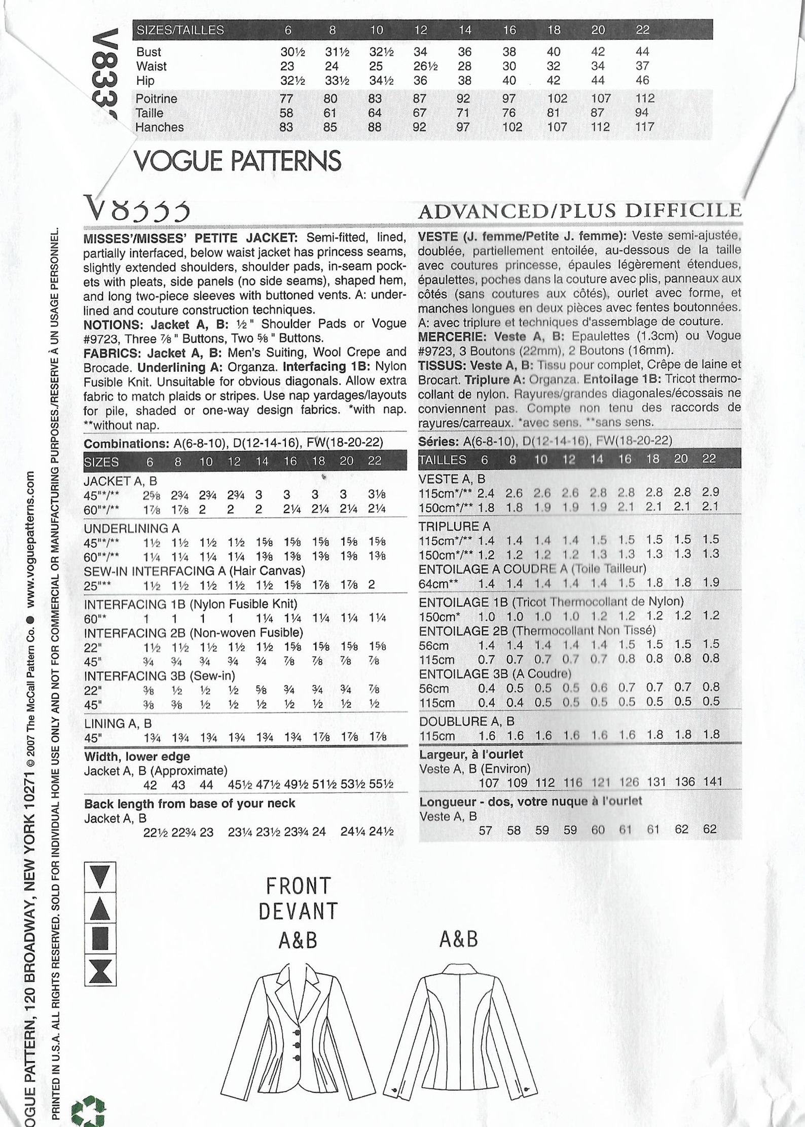 V8333 Vogue 8333 SEWING PATTERN Semi-fitted Lined Jacket - Etsy