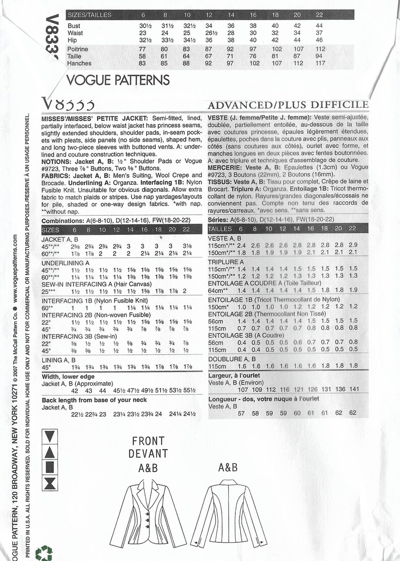 V8333 Vogue 8333 SEWING PATTERN Semi-fitted Lined Jacket - Etsy