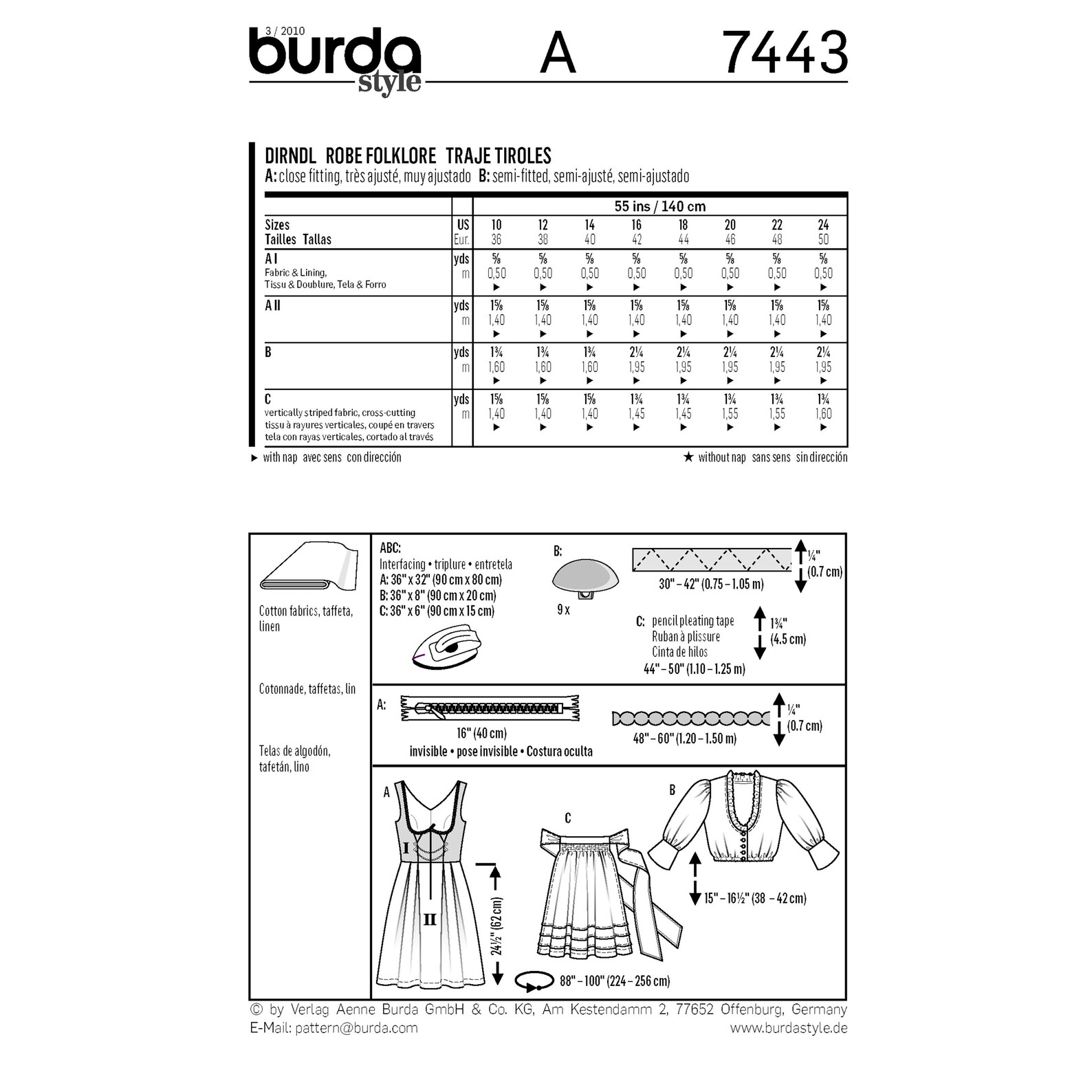 Burda 7443 Sewing Pattern Misses' German Fest Folklore Bavarian Costume ...