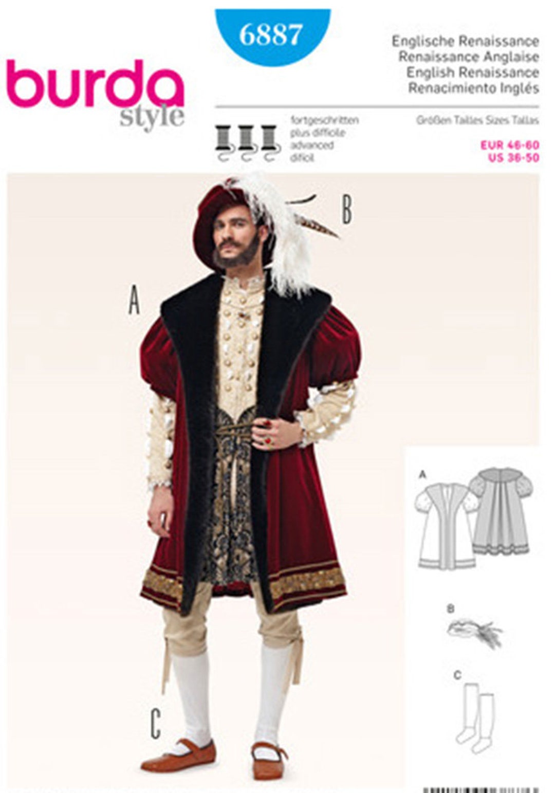 Burda 6887 Sewing Pattern Men's Costume Renaissance Henry VIII Sizes 38 ...