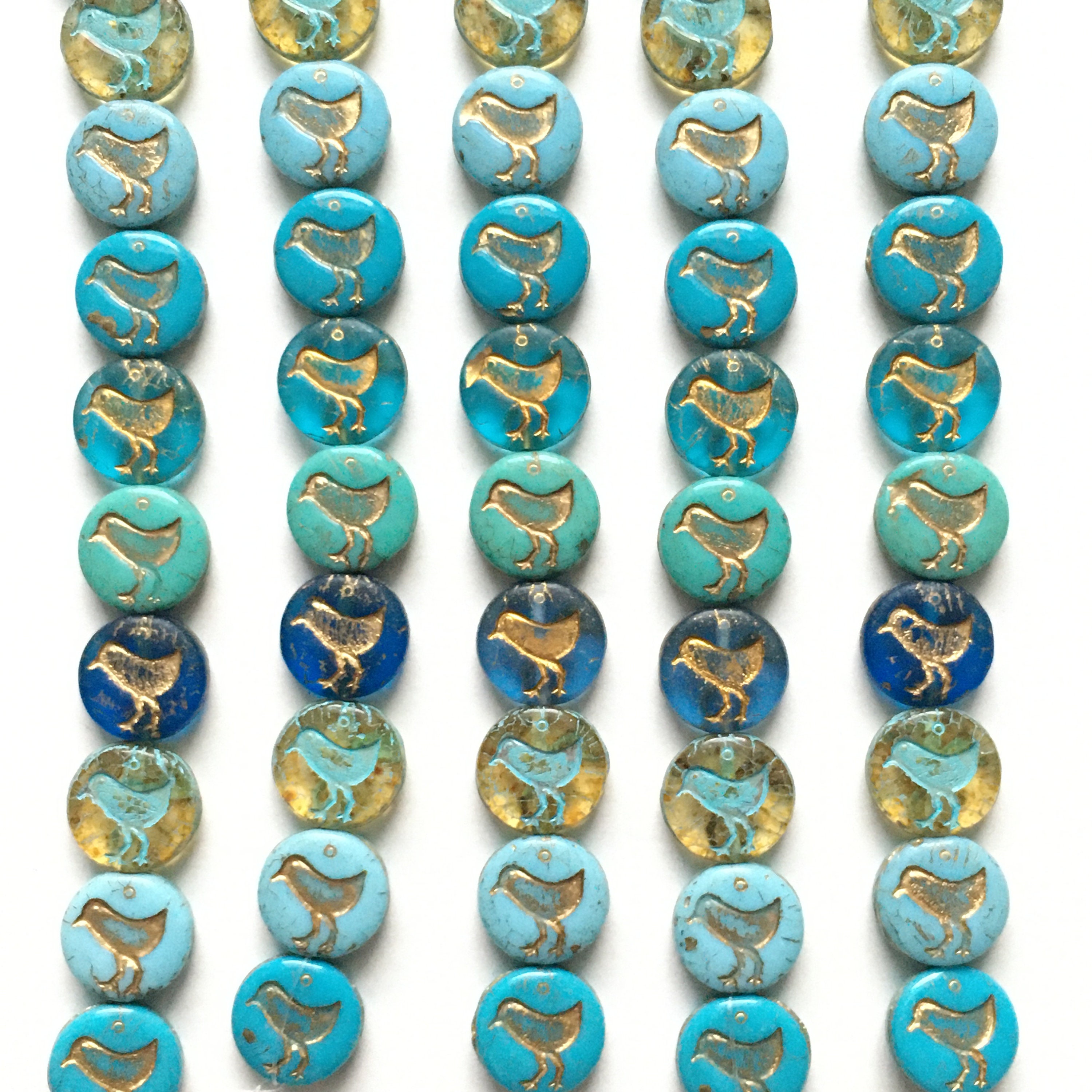 12pc Custom Czech Glass Bead Mix Blue Bird Coin Beads 12mm Double