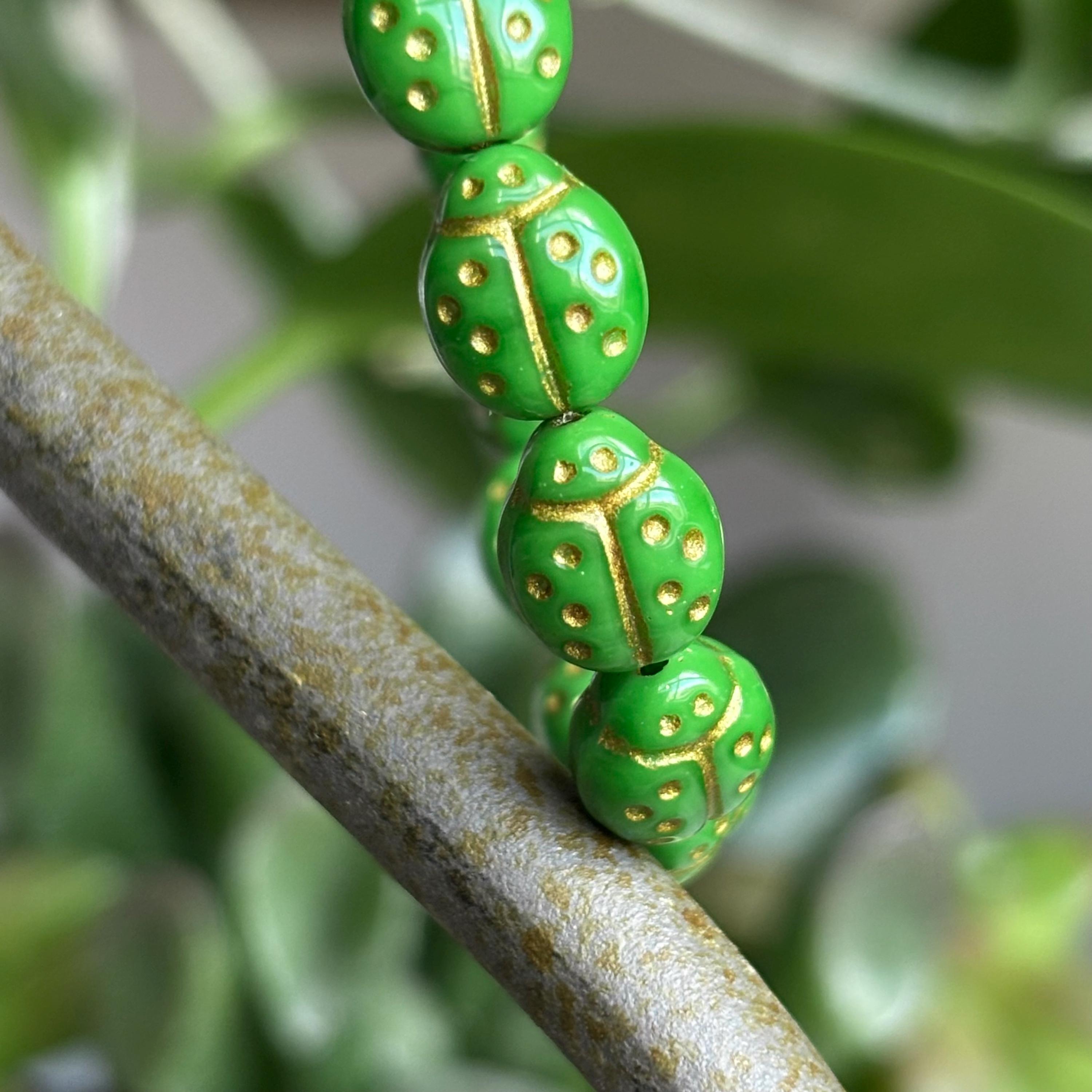 14pc Czech Glass Beads, Small Green Ladybug Beads With Gold Finish ...