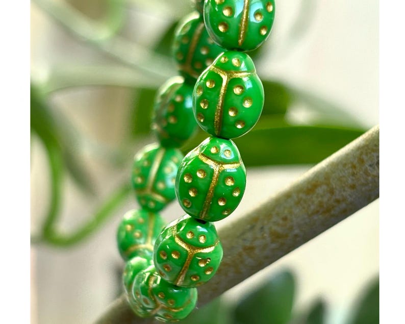 14pc Czech Glass Beads, Small Green Ladybug Beads With Gold Finish ...