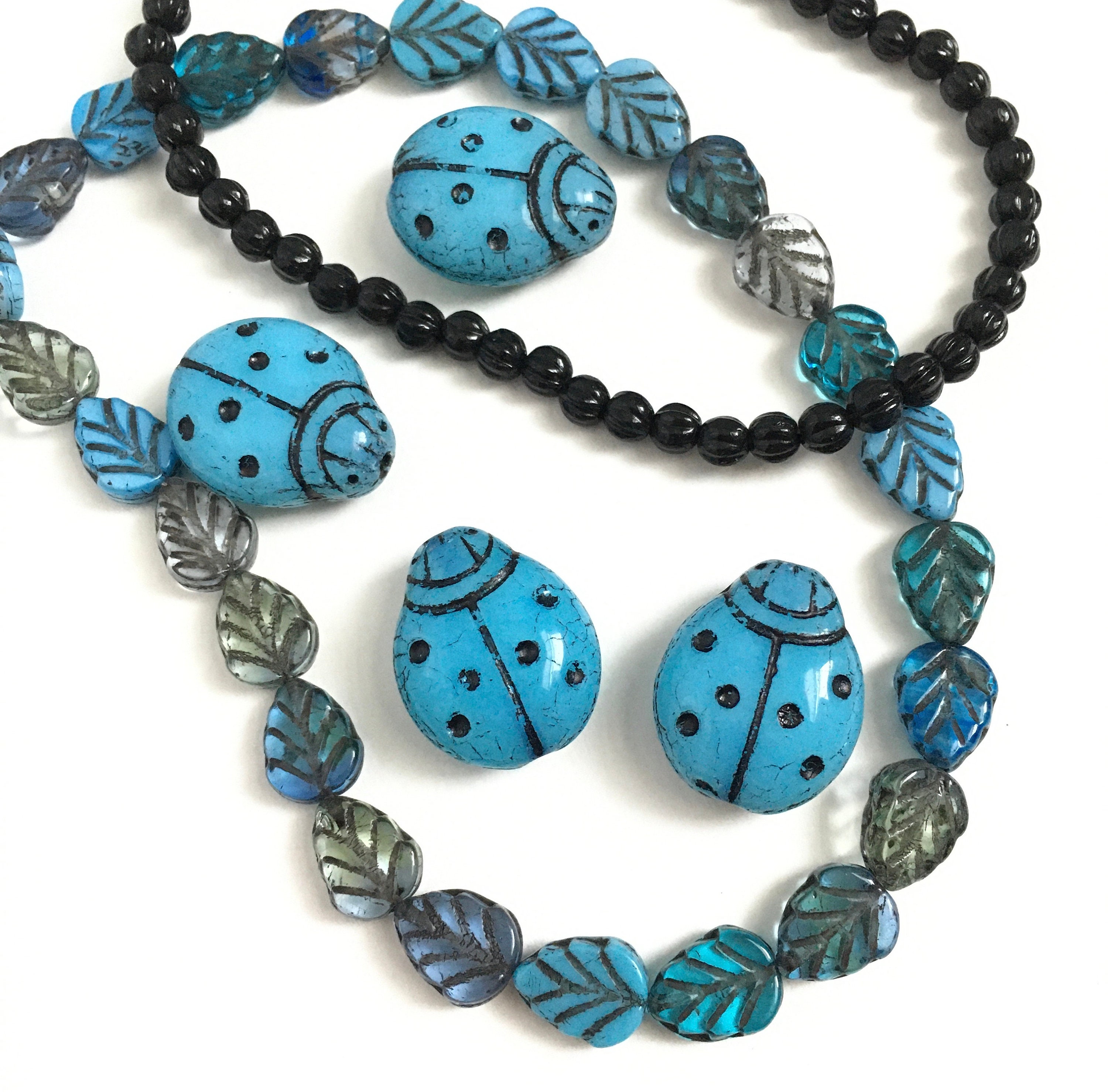 79pc Curated Czech Glass Bead Mix, Large Opaque Blue Focal Ladybug ...
