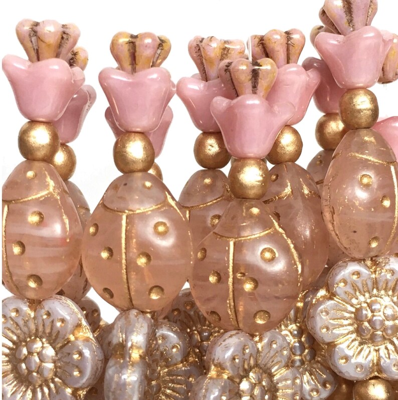 23pc Custom Czech Glass Bead Mix Strand Med Pink Ladybug Beads Peachy