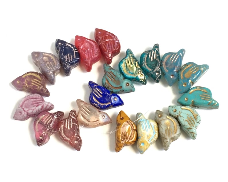 20pc Curated Czech Glass Bead Mix/strand, Bird Beads 11x22mm, Colorful ...