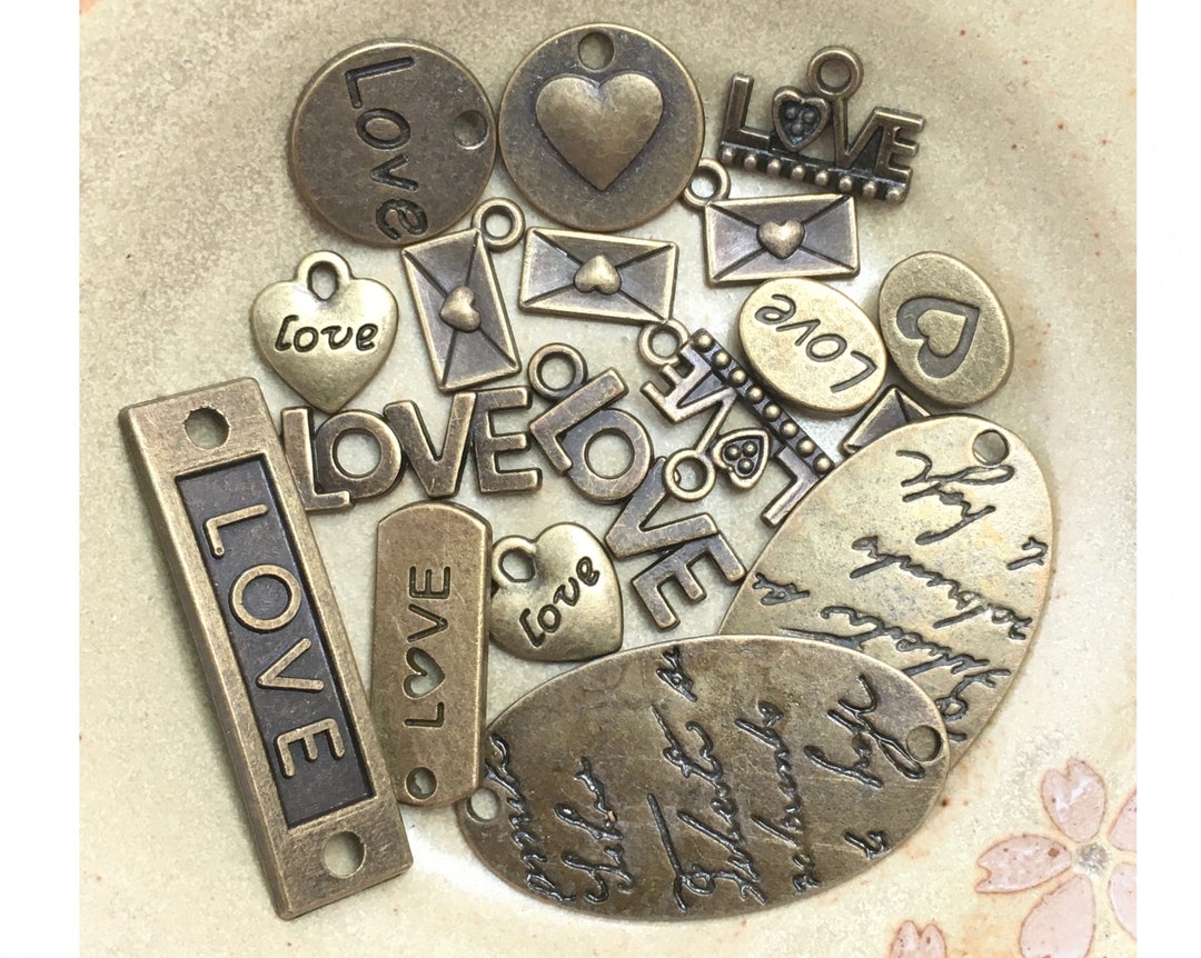 18pc Antique Bronze Love Charm/connector Mix, Love Word Charms, Love ...
