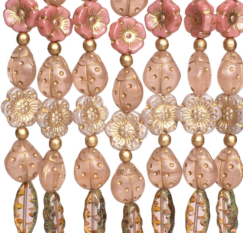 23pc Custom Czech Glass Bead Mix Strand Med Pink Ladybug Beads Peachy