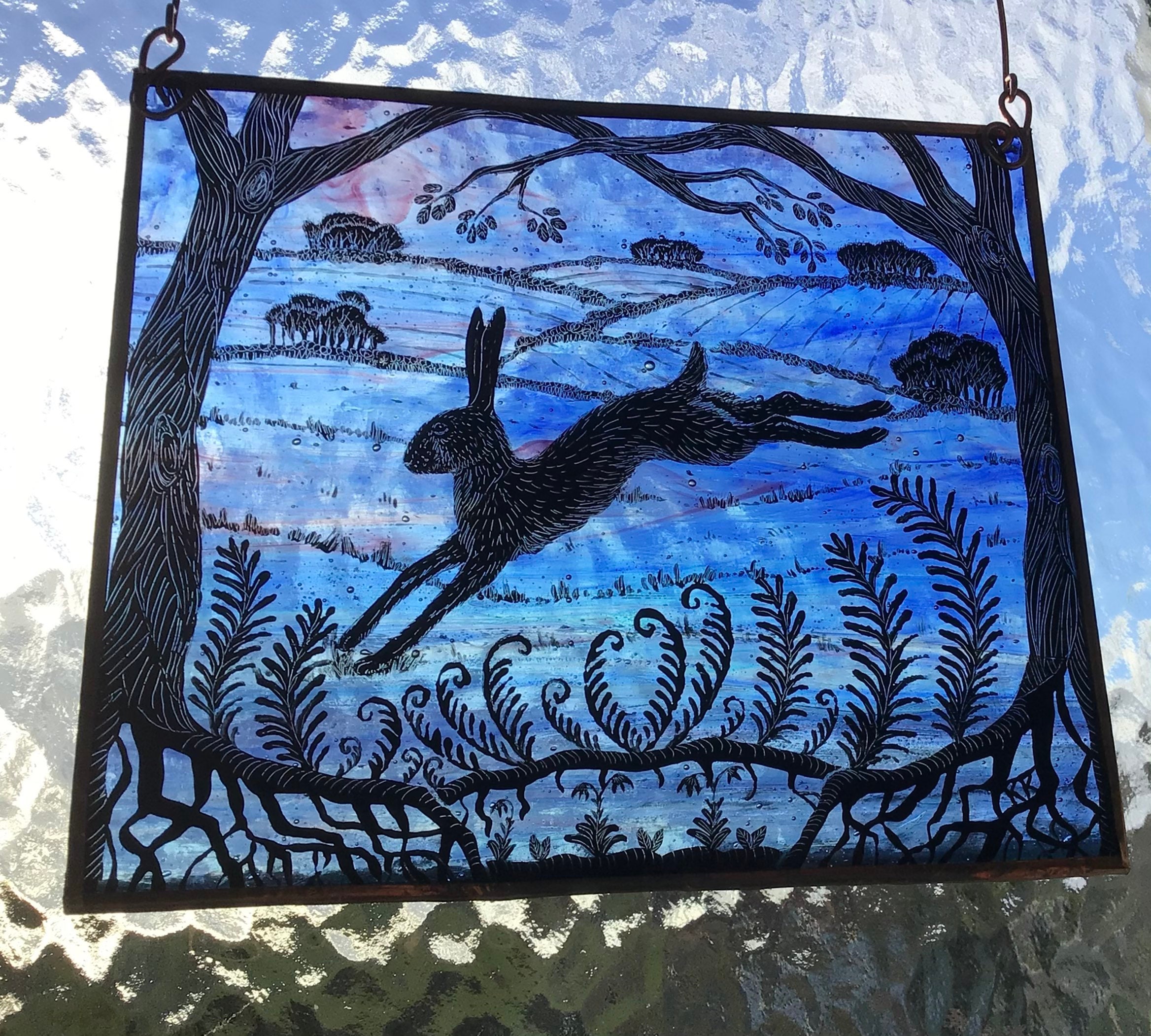 Leaping Hare in Evening Light Hand Painted and Etched Stained - Etsy UK