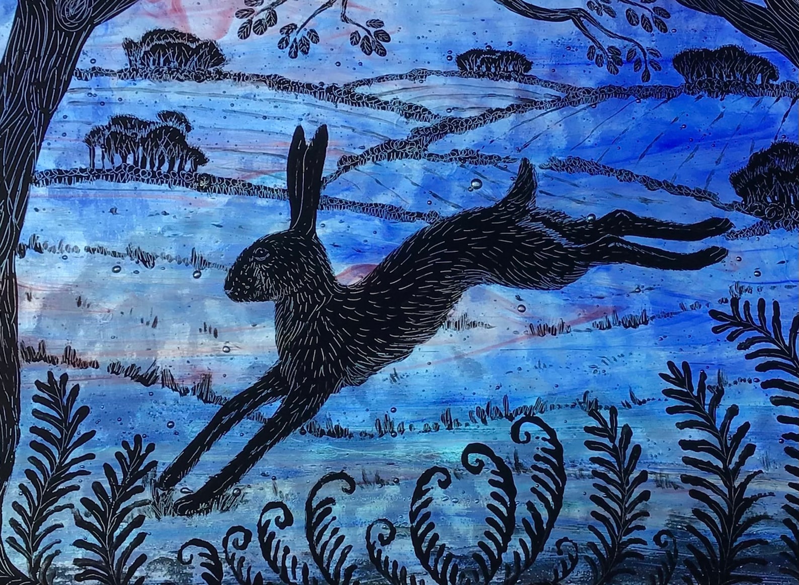 Leaping Hare in Evening Light hand painted and etched stained | Etsy