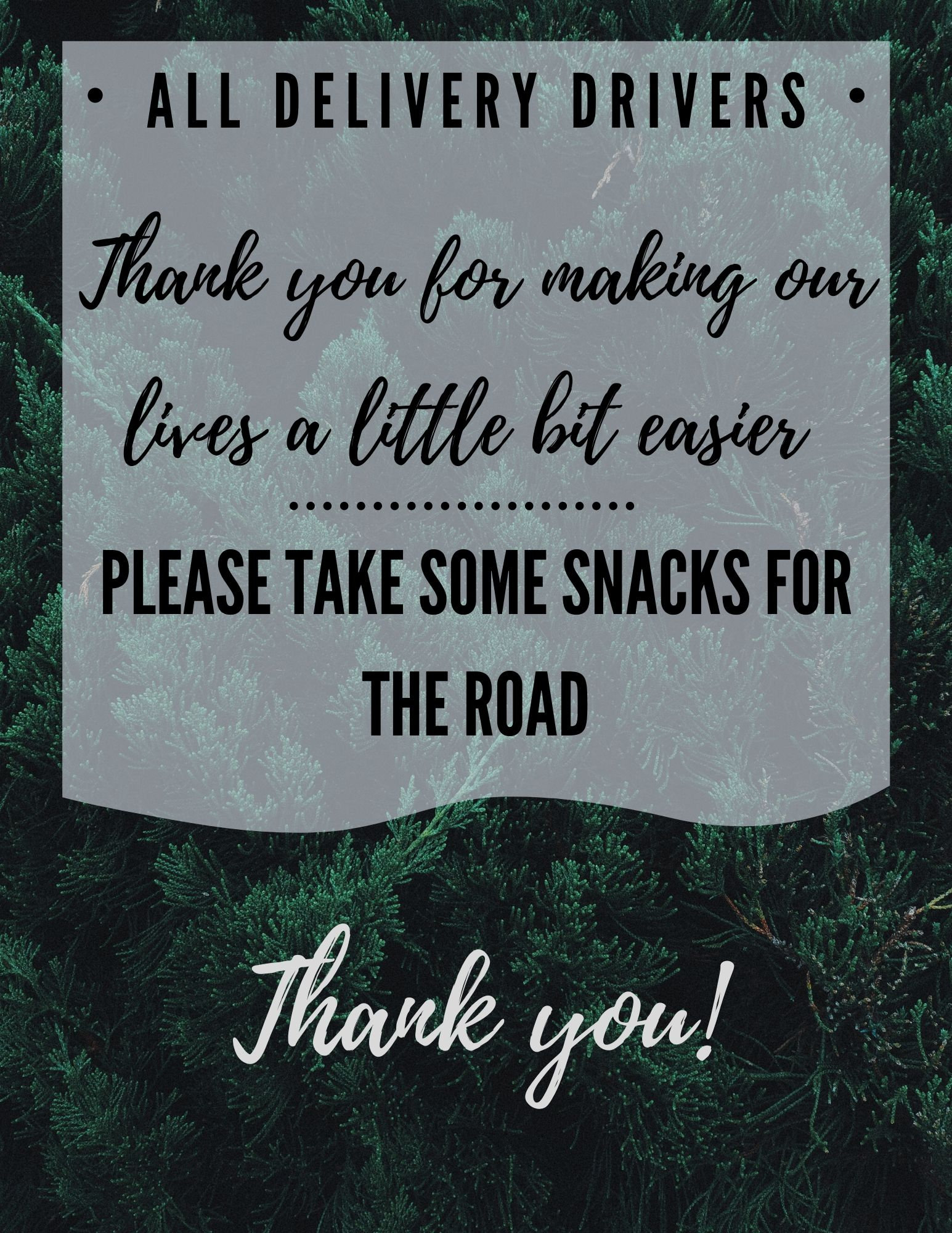 Delivery Driver Sign | Printable | Evergreen | Porch Sign | Snack ...