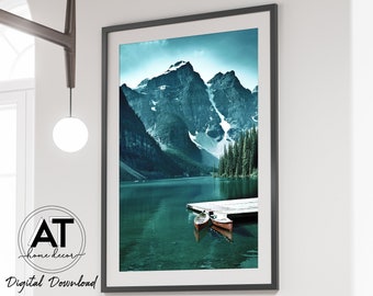 Lake Print, Boat on the Lake in Mountain Print, Nature Landscape ...