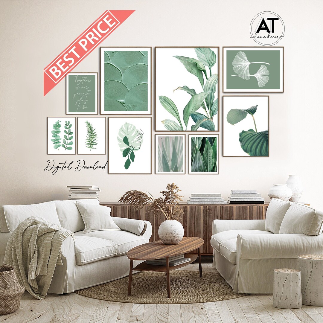 Green Botanical Wall Art Prints Set, Green Leaves Wall Art, Tropical ...