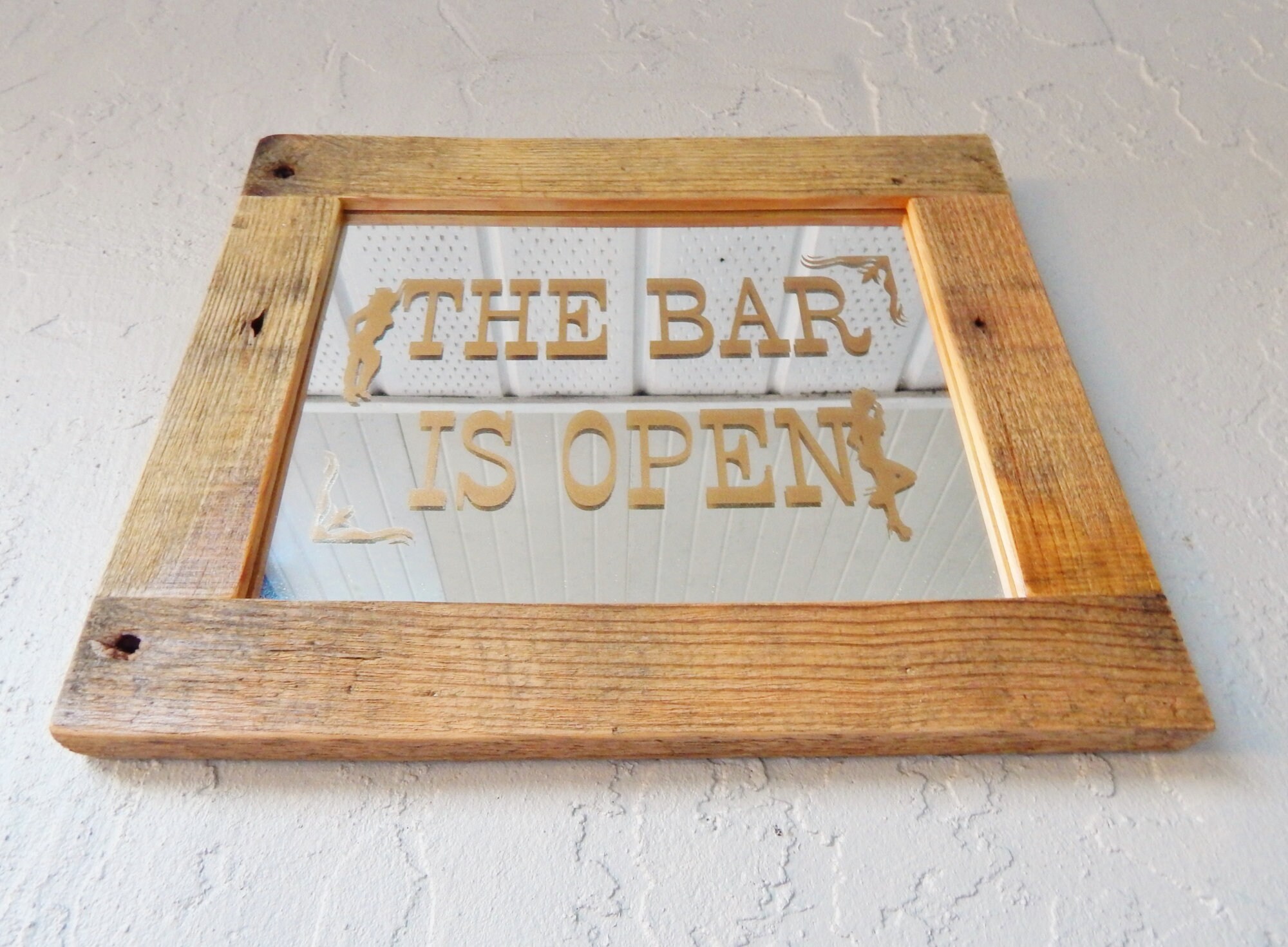 The Bar is Open Etched Mirror Bar Sign in Rustic Frame - Etsy