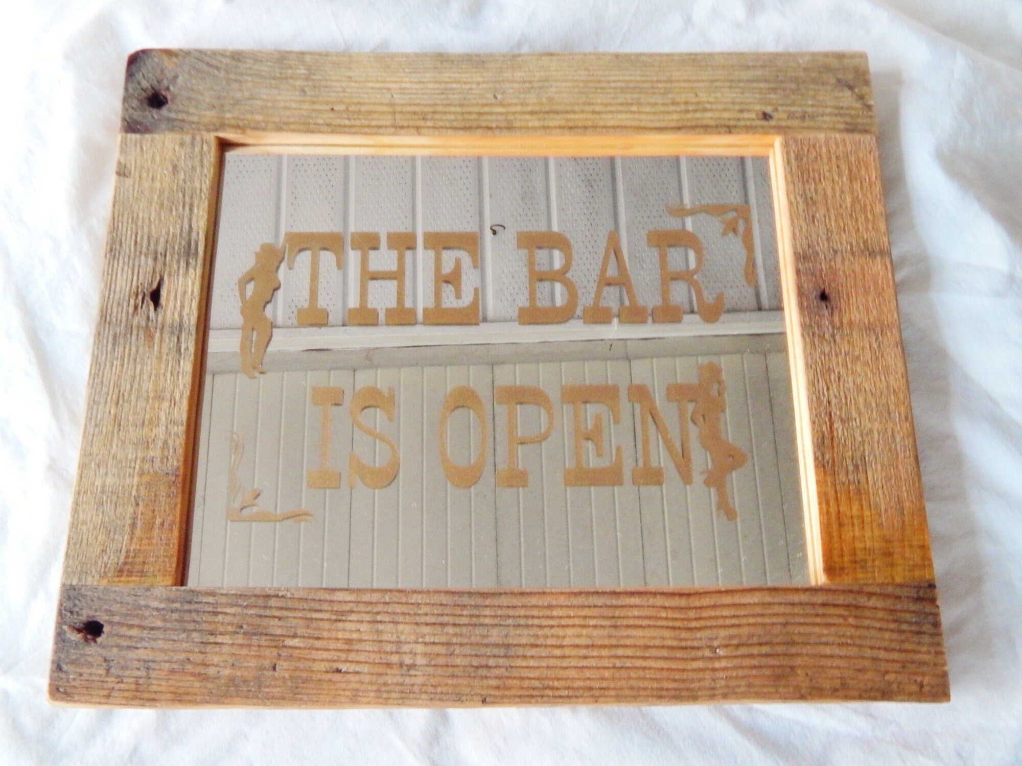 The Bar is Open Etched Mirror Bar Sign in Rustic Frame - Etsy