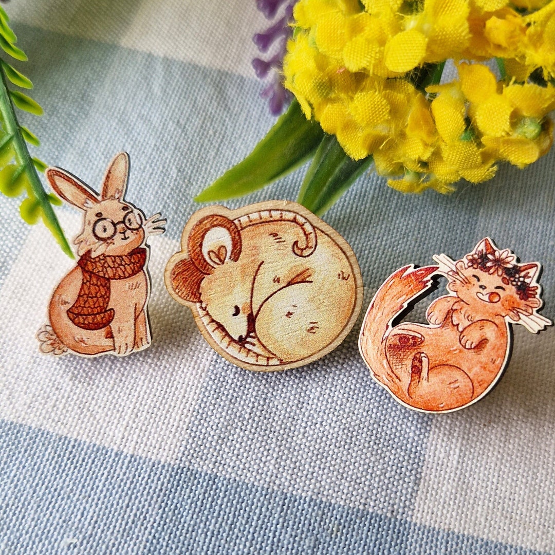 Tea Animal Wooden Pins - 25mm Badges - Cottagecore - Artsy Gifts ...