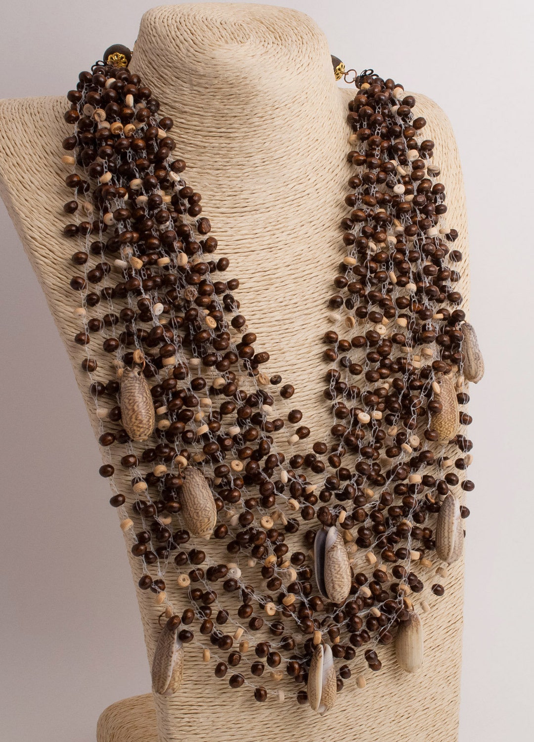 Wood Beads Necklace With Seashells Earrings Brown Beads Necklace ...