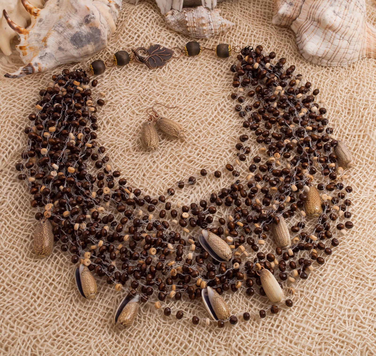 Wood Beads Necklace With Seashells Earrings Brown Beads Necklace ...