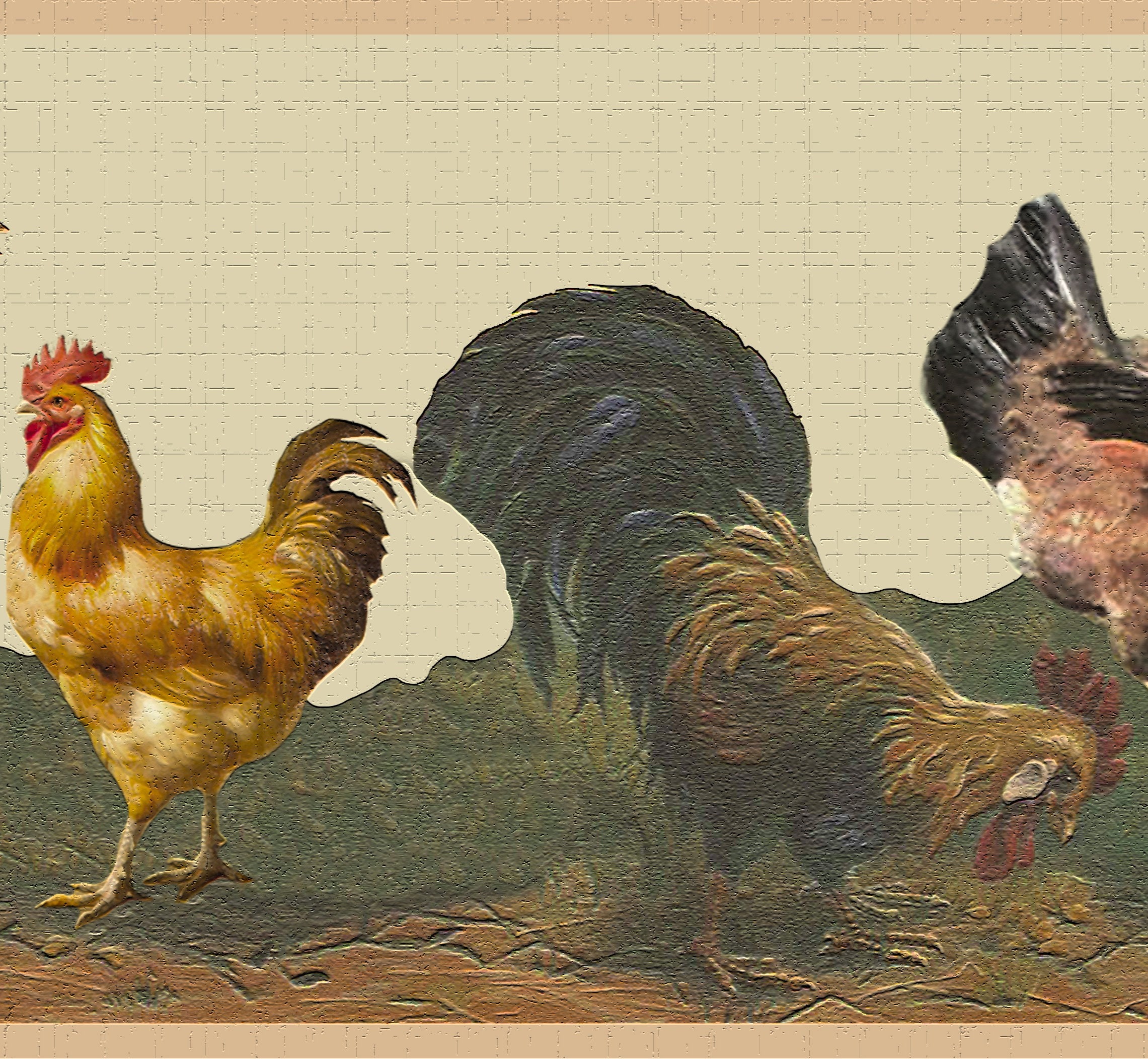 Peel and Stick Wallpaper Border Country Brown, Yellow, Beige Rooster ...