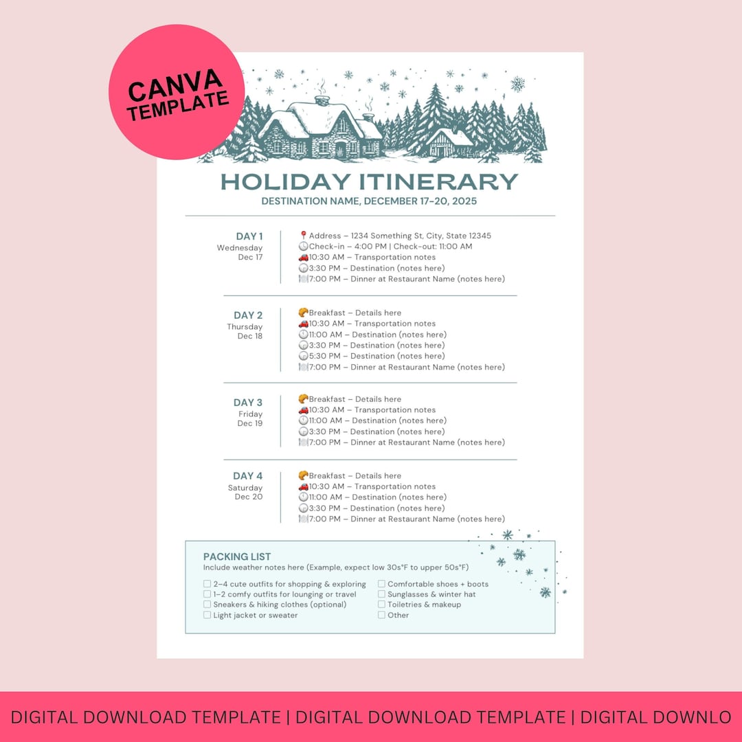 Holiday Itinerary Canva Template – Winter Trip Planner for Christmas ...