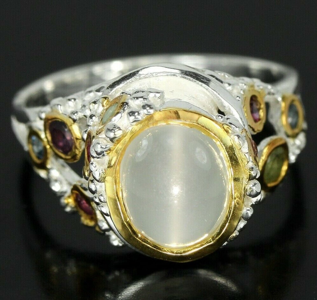 Handmade Ring Bezel Set Moonstone Genuine Emerald Sapphire Rhodolite ...