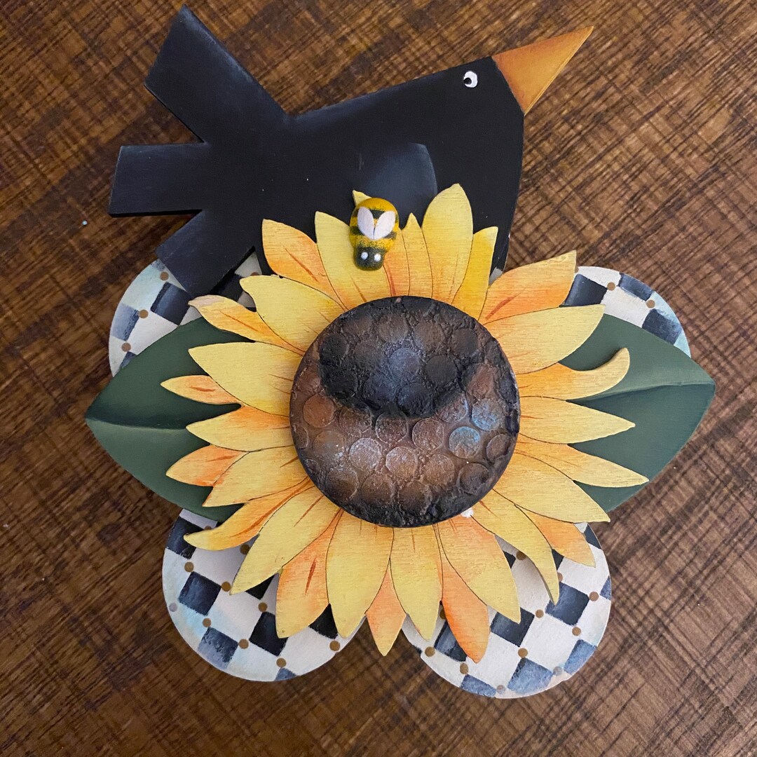 Sunflower and Crow Plant Clip, Plant Hugger, Hand Painted Crazy Flower ...