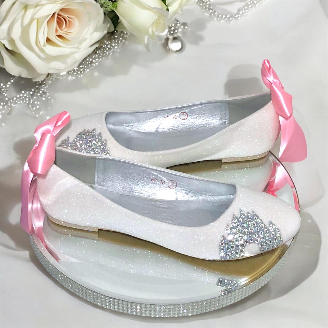 White Bridal Flat Pumps: Crystal Castle Wedding Shoes With Satin Bows ...