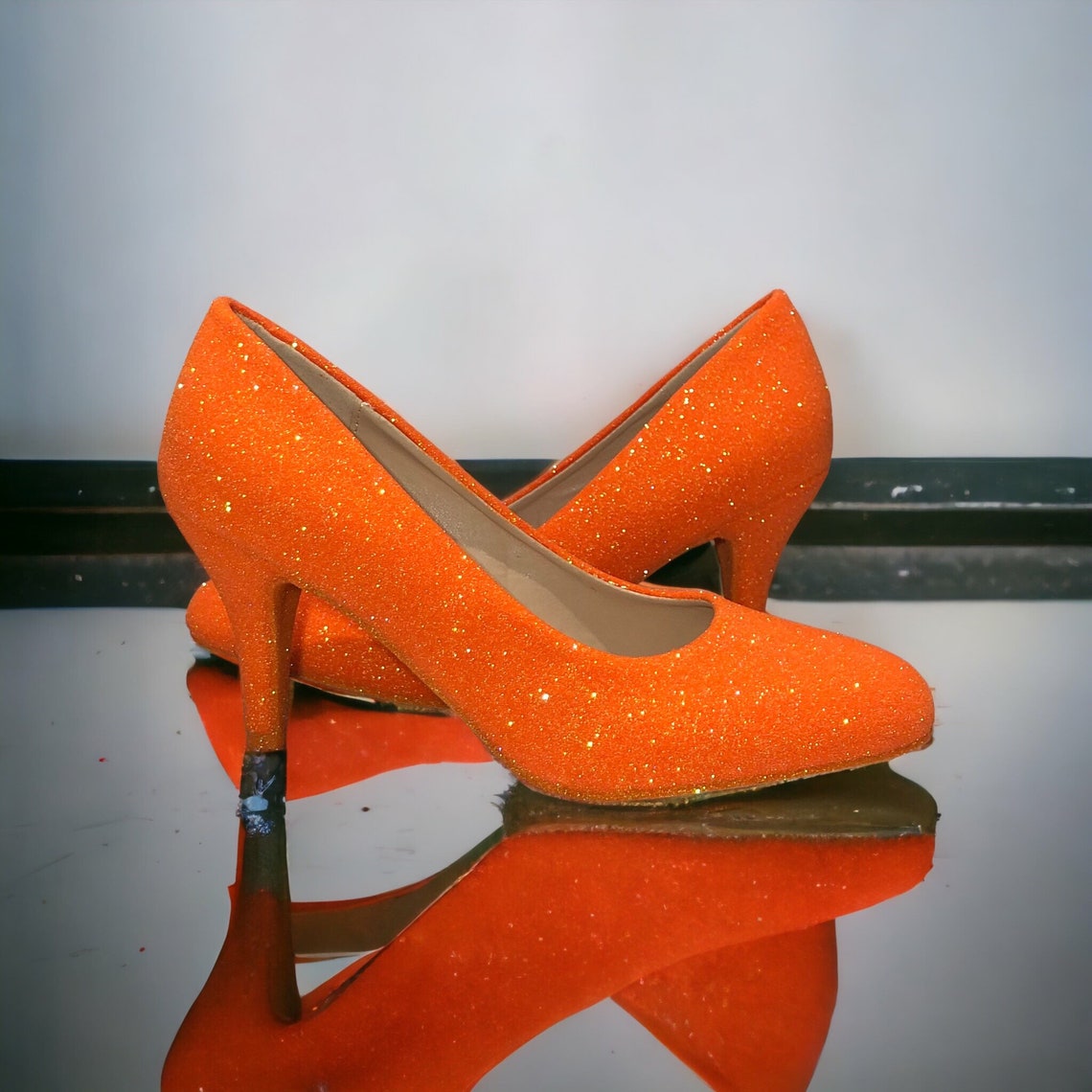 Orange Glitter Shoes Low Heel Pumps Neon Heels Wedding Pumps - Etsy