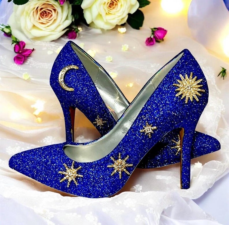 Celestial Bridal Heels - Sparkling Blue Sun, Moon & Stars Wedding Shoes ...