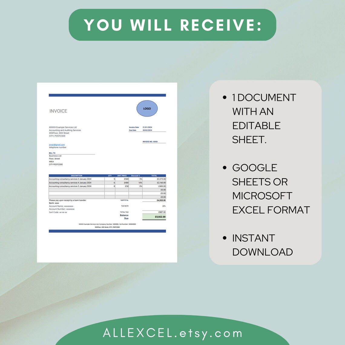 Invoice Template Excel, Printable Invoice Template, Google Sheet ...