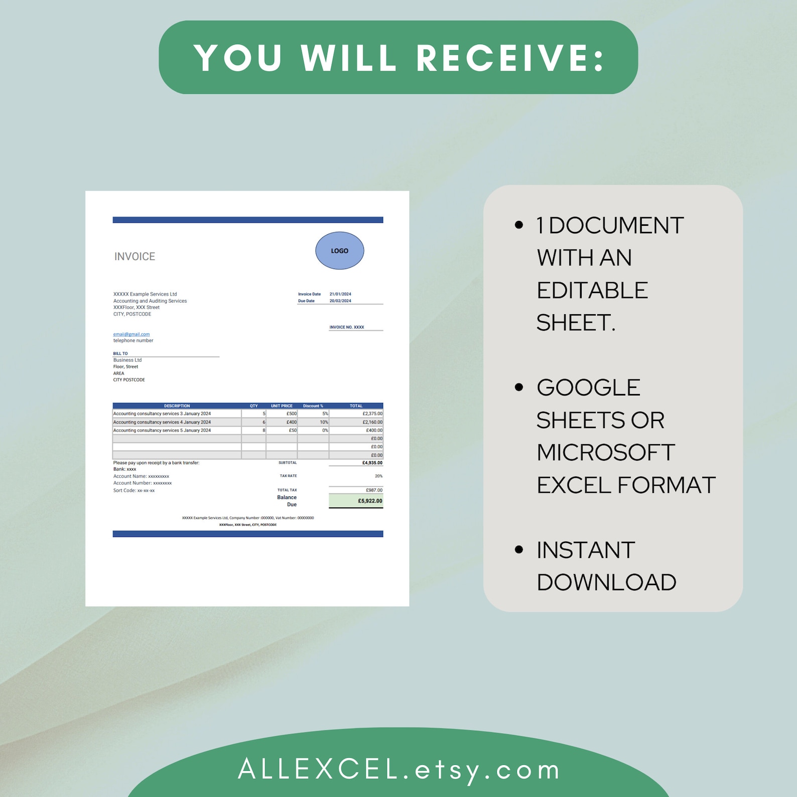 Invoice Template Excel, Printable Invoice Template, Google Sheet ...